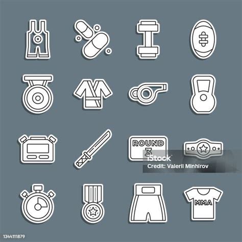 파이트 클럽 Mma 복싱 벨트 케틀벨 아령 일본 의상 기모노 공 레슬링 싱글 휘슬 아이콘이 있는 세트 라인 티셔츠 벡터 건강관리와 의술에 대한 스톡 벡터 아트 및 기타