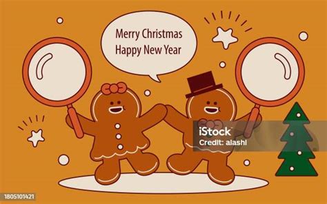돋보기를 들고 춤을 추는 귀여운 진저브레드 커플이 메리 크리스마스와 새해 복 많이 받으세요 12월 31일에 대한 스톡 벡터 아트 및 기타 이미지 12월 31일 검사