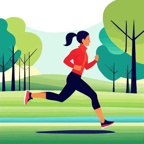 공원에서 달리는 여성 스포츠 의류 터 일러스트레이션에서 새벽에 숲 길에서 달리는 트레일 러너 프리미엄 벡터