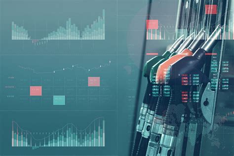 기술 적 배경에 연료 디스펜서가있는 주유소 가솔린과 연료에 대한 가격 상승그래프 0명에 대한 스톡 사진 및 기타 이미지 0명