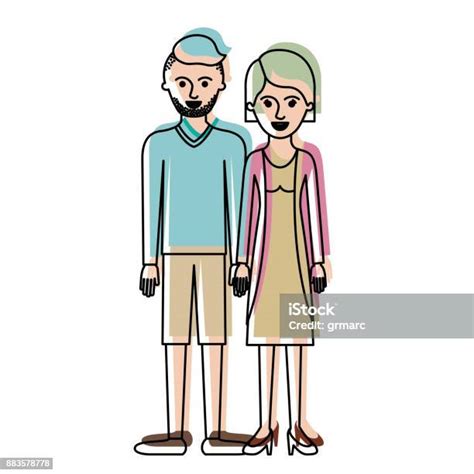 T셔츠 긴 소매와 짧은 수채화 실루엣에 그 커플 바지 및 높은 페이드가 발 및 수염 수염과 그녀의 짧은 머리와 함께 블라우스와 재킷 및 치마와 뒤꿈치 신발 신발 2명에 대한