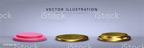 그림자가 있는 금색과 빨간색의 현실적인 3d 실린더 받침대 연단 벡터 그림 0명에 대한 스톡 벡터 아트 및 기타 이미지 0명