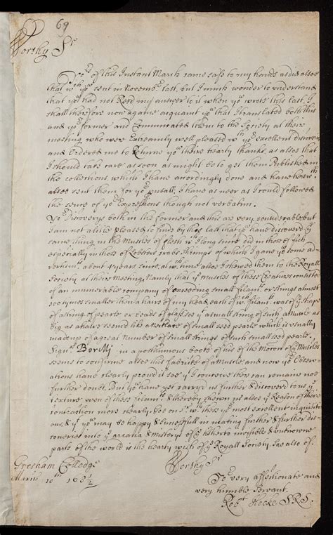 Letter From Robert Hooke To Antoni Van Leeuwenhoek Dated At Gresham College The Royal