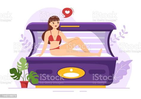 선탠 침대 절차는 평면 만화 손으로 그린 템플릿 일러스트레이션에서 스파 살롱 일라리움에서 현대 기술로 이국적인 피부를 얻기 위해