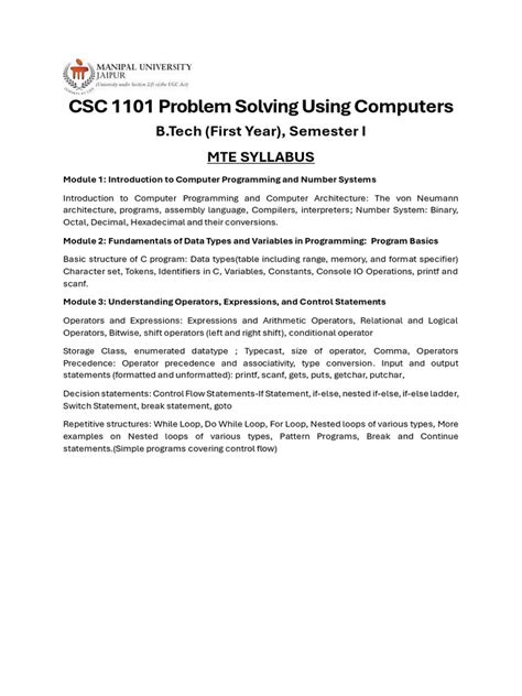 Csc 1101 Problem Solving Using Computers Mte Syllabus Pdf