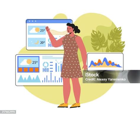 기상학 지구 물리학 과학 여자는 그래프와 도표를 본다 물리학 및 온도 측정 직장에서 기상학자 평면 벡터 일러스트 레이 션 결심에 대한 스톡 벡터 아트 및 기타 이미지