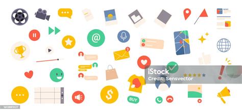 스마트폰 응용 프로그램 아이콘과 버튼 플랫 만화 벡터 일러스트레이션 세트 디자인 지구본 및 카메라 사진 및 좋아요 이모티콘 및