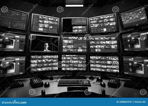 Secure Surveillance Cctv Room Monitoring Multiple Camera Feeds Ai Stock Illustration