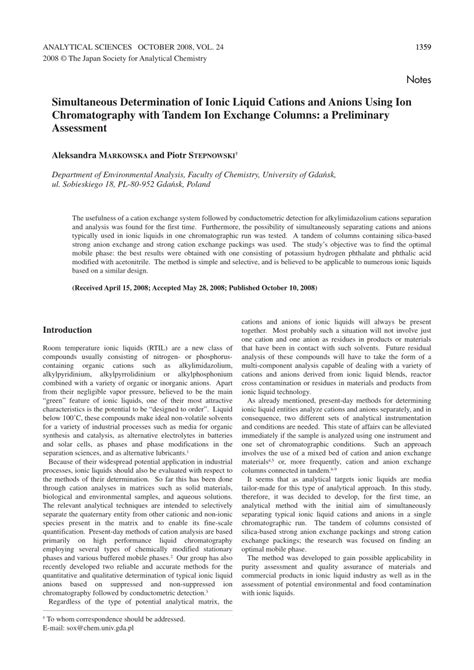 Pdf Simultaneous Determination Of Ionic Liquid Cations And Anions Using Ion Chromatography