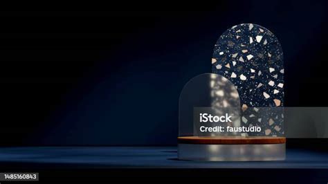 풍경 파란색 테라조 아치 배경 3d 이미지 렌더링 장면 모형 나무와 유리 연단 0명에 대한 스톡 사진 및 기타 이미지 0명 3차원 형태 갈색 Istock