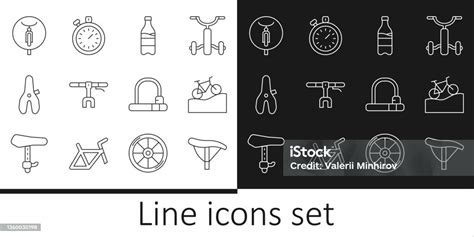 세트 라인 자전거 좌석 산악 자전거 물 핸들 바 잠금 및 스톱 워치 아이콘스포츠 병 벡터 건강한 생활방식에 대한 스톡 벡터 아트