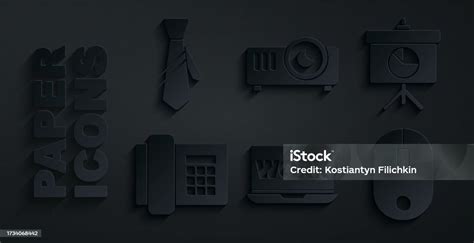 텍스트 작업 칠판 다이어그램 전화 컴퓨터 마우스 영화 필름 미디어 프로젝터 및 넥타이 아이콘으로 노트북을 설정합니다 벡터 3차원 형태에 대한 스톡 벡터 아트 및 기타 이미지