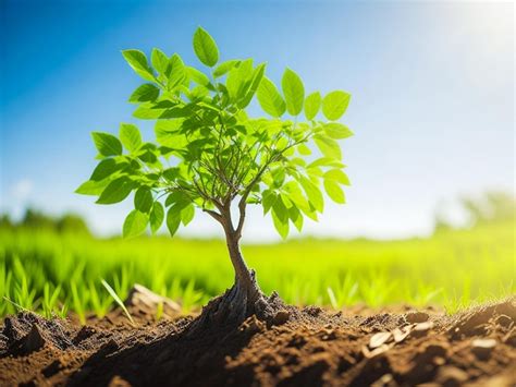 Premium AI Image A Small Tree Growing In The Soil With The Sun Behind It