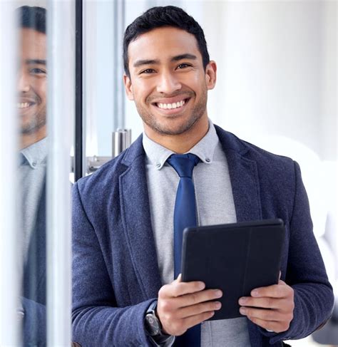 Premium Photo Tablet Portrait And Business Man With Smile For Online