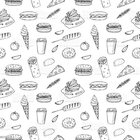 패스트 푸드 원활한 패턴 벡터 일러스트레이션 핸드 드로잉 스케치 즉석식에 대한 스톡 벡터 아트 및 기타 이미지 즉석식 배경