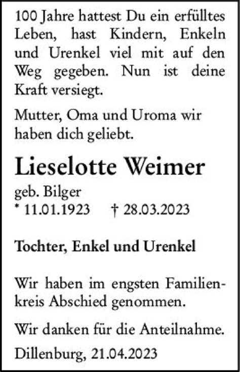 Traueranzeigen Von Lieselotte Weimer Vrm Trauerde