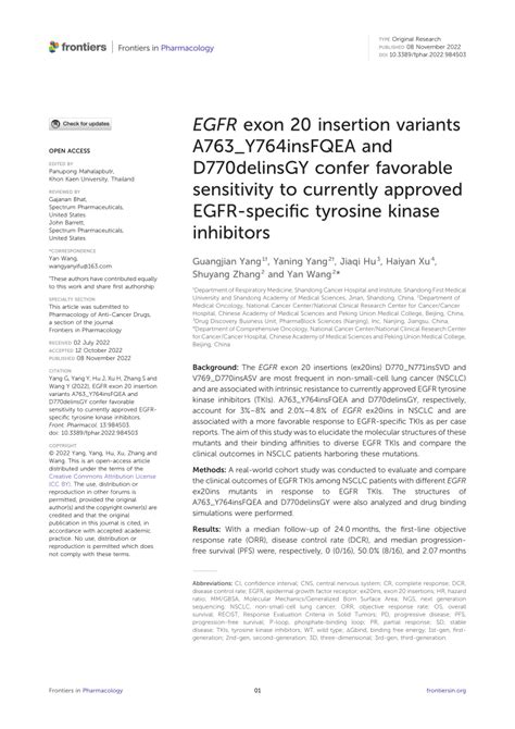 Pdf Egfr Exon 20 Insertion Variants A763y764insfqea And D770delinsgy
