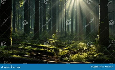 Forest With Sunlight Filtering Through The Tall Trees Stock