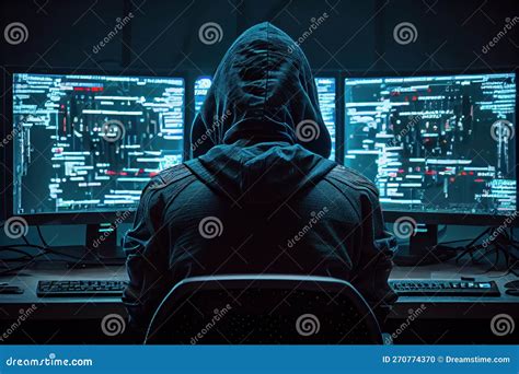 Hacker Working On Computer Back View Of Unrecognizable Man Sitting In Front Of Monitor Screen