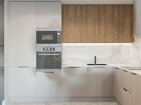 Современная угловая кухня серая с деревом