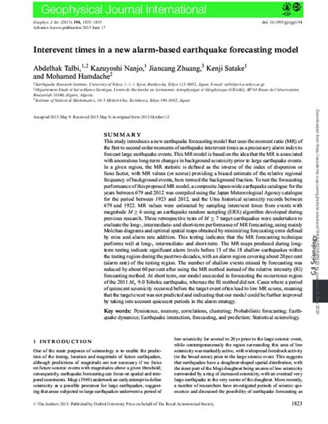 Pdf Interevent Times In A New Alarm Based Earthquake Forecasting Model