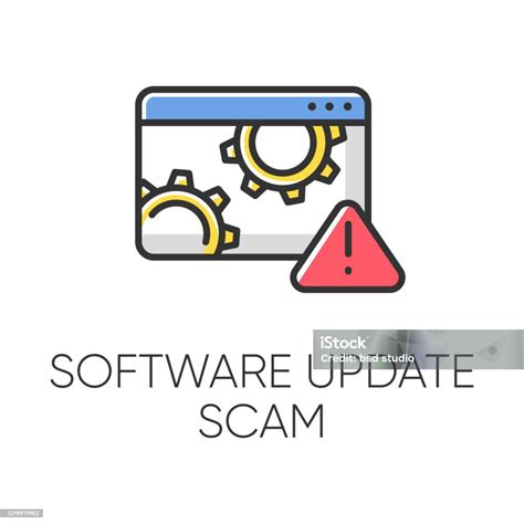 소프트웨어 업데이트 사기 색상 아이콘 가짜 시스템 프로그램 업그레이드 악성 코드 사기성 팝업 광고 금융 사기 악의적인 관행 사기 성 계획 격리 벡터 일러스트레이션 개념에