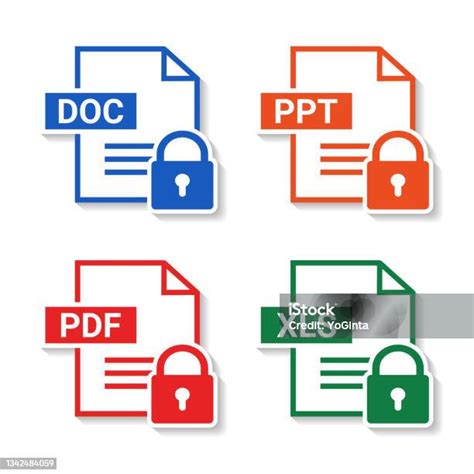 파일 유형 집합입니다 문서의 형식 및 확장 Pdf Doc Ppt 및 Xls 문서가 잠겼습니다 사생활 비밀번호에 대한 스톡 벡터