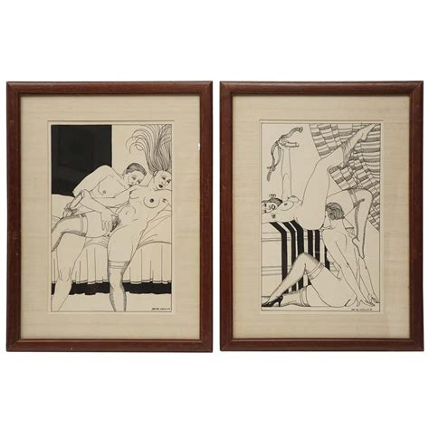 Early 20th Century Pair Of Spanish Erotic Pen And Ink With Wash