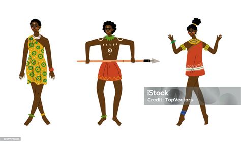 전통적인 부족 의류 벡터 세트에서 옷을 입은 얼굴을 가진 아프리카 원주민 남자와 여자 개념에 대한 스톡 벡터 아트 및 기타