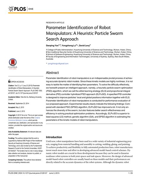 Pdf Parameter Identification Of Robot Manipulators A Heuristic Particle Swarm Search Approach