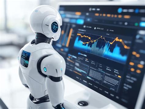 Futuristic Robot Analyzing Data On Computer Screen Premium Ai Generated Image