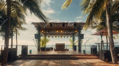 A Tropical Beach Setting With A Stage And Speakers Stage Background