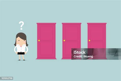 3 문 그녀의 머리 위에 물음표 올바른 결정 개념을 만들 수 없습니다 옆에 서 있는 사업가 개념에 대한 스톡 벡터 아트 및 기타 이미지 Istock