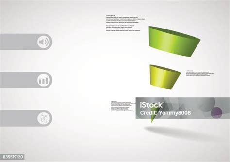 경사진 콘 삼각형의 모티브로 3d 그림 Infographic 템플릿 간단한 기호 및 텍스트 바에 측에 3 개의 녹색 조각 가로 분할 밝은 회색 그라데이션 배경으로 사용 여러