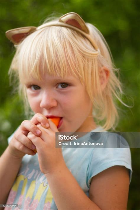 화창한 여름 날에 야외에서 신선한 당근을 먹는 고양이의 머리띠를 입은 예쁜 금발 유아 소녀 아기 당근에 대한 스톡 사진 및 기타 이미지 아기 당근 건강한 생활방식