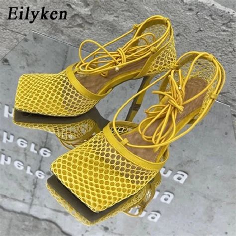킬힐 Eilyken 여자 메쉬 펌프스 샌들 스퀘어 토 하이힐 레이스업 크로스 타이 스틸레토 할로우 원피스 티몬
