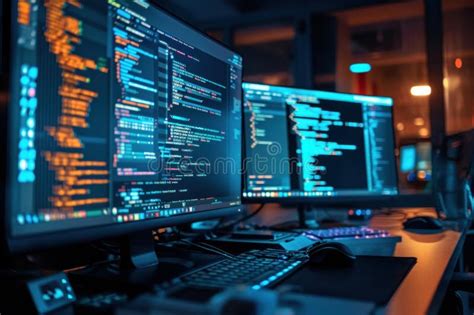 Computer Programmer Writing Code On Multiple Monitors At Night Stock