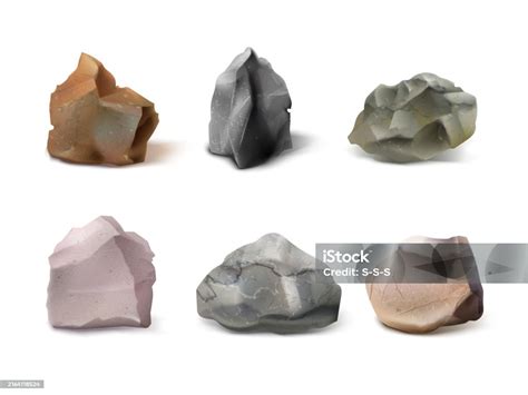현실적인 바위 돌 3d 고립 된 돌 자연 바위 산 바위 다른 모양 화산 현무암 돌로 된 화강암 바위 잔해 지질학 자료 정확한 벡터 일러스트 레이 션을 설정합니다 귀한 보석에