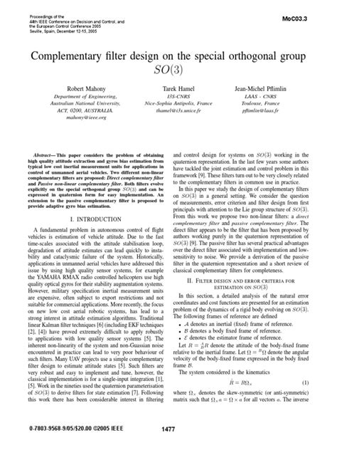 Complementary Filter Design On The Special Orthogonal Group Pdf Kinematics Mathematical