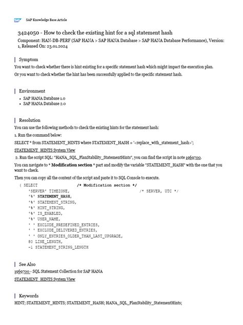 How To Check The Existing Hint For A Sql Statement Hash Pdf