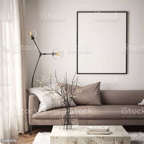 거실 벽에 있는 모형 포스터 프레임 현대적인 디자인의 고급스러운 아파트 배경 현대적인 인테리어 디자인 3d 렌더링 3d 그림 0명에 대한 스톡 사진 및 기타 이미지 Istock
