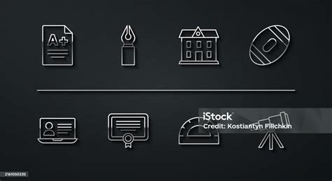 A 플러스 등급 온라인 수업 미식 축구 공 각도기 그리드 인증서 템플릿 만년필 펜촉 망원경 및 학교 건물 아이콘이있는 시험