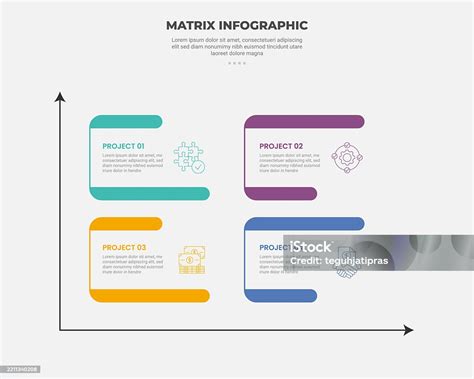 매트릭스 그리드 구조 인포 그래픽 개요 스타일 슬라이드 프리젠 테이션을위한 X 및 Y 축이있는 열린 컨테이너 상자가있는 4 포인트 템플릿 0명에 대한 스톡 벡터 아트 및