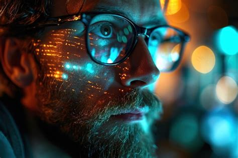 Premium Photo Closeup Cinematic Portrait Of A Man With A Reflection Of Computer Code In His