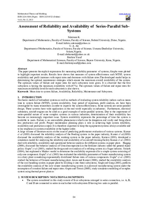 Pdf Assessment Of Reliability And Availability Of Series Parallel Sub Systems