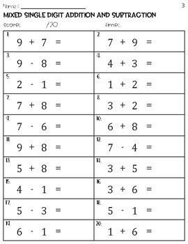 Horizontal Mixed Single Digit Addition And Subtraction Worksheets