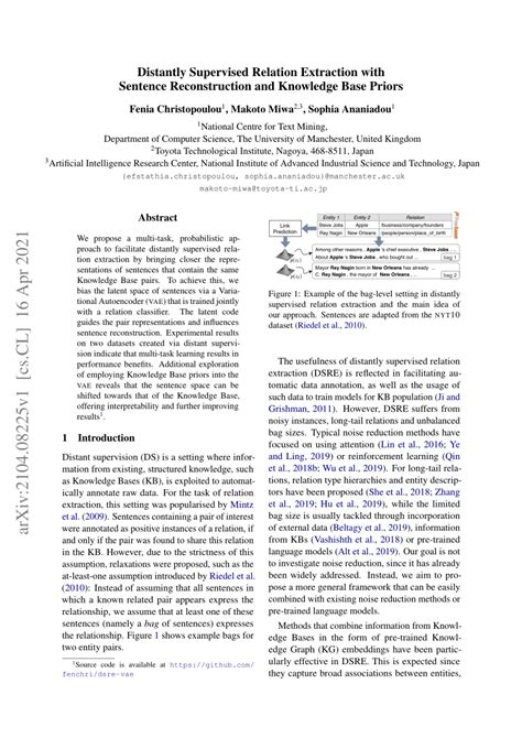 Pdf Distantly Supervised Relation Extraction With Sentence Reconstruction And Knowledge Base