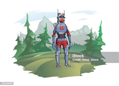휴머노이드 로봇은 산악 경관의 배경에 서 있습니다 야생 자연에서 안드로이드 종말 이후 플롯 벡터 그림 흰색에 격리 금속의에 대한