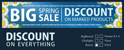 승진에 대 한 Baner의 디자인은 하늘색 바탕에 밝은 데이지의 봄 판매 봄 디자인 카드 초대장 포스터에 대 한 템플릿 개성 개념에 대한 스톡 벡터 아트 및 기타 이미지