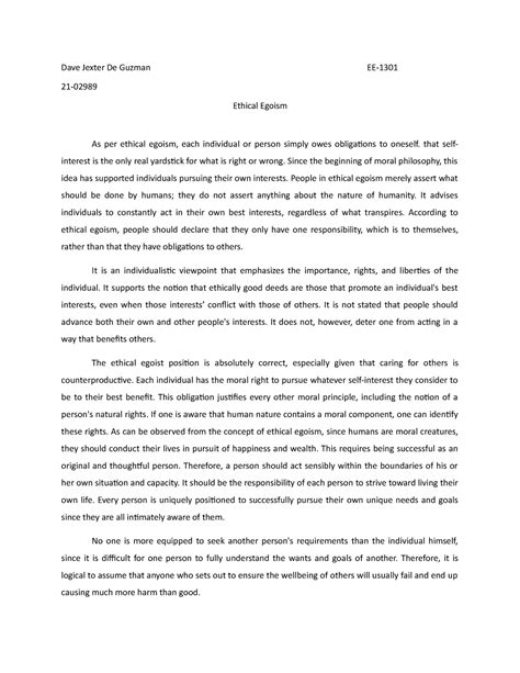 Reflection Paper Dave Jexter De Guzman Ee 21 Ethical Egoism As Per
